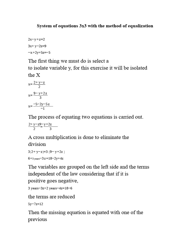 System of Equations 3x3 With The Method of Equalization | PDF