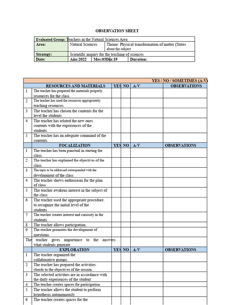 Teacher Observation Form Natural Sciences Teachers. | PDF | Science ...