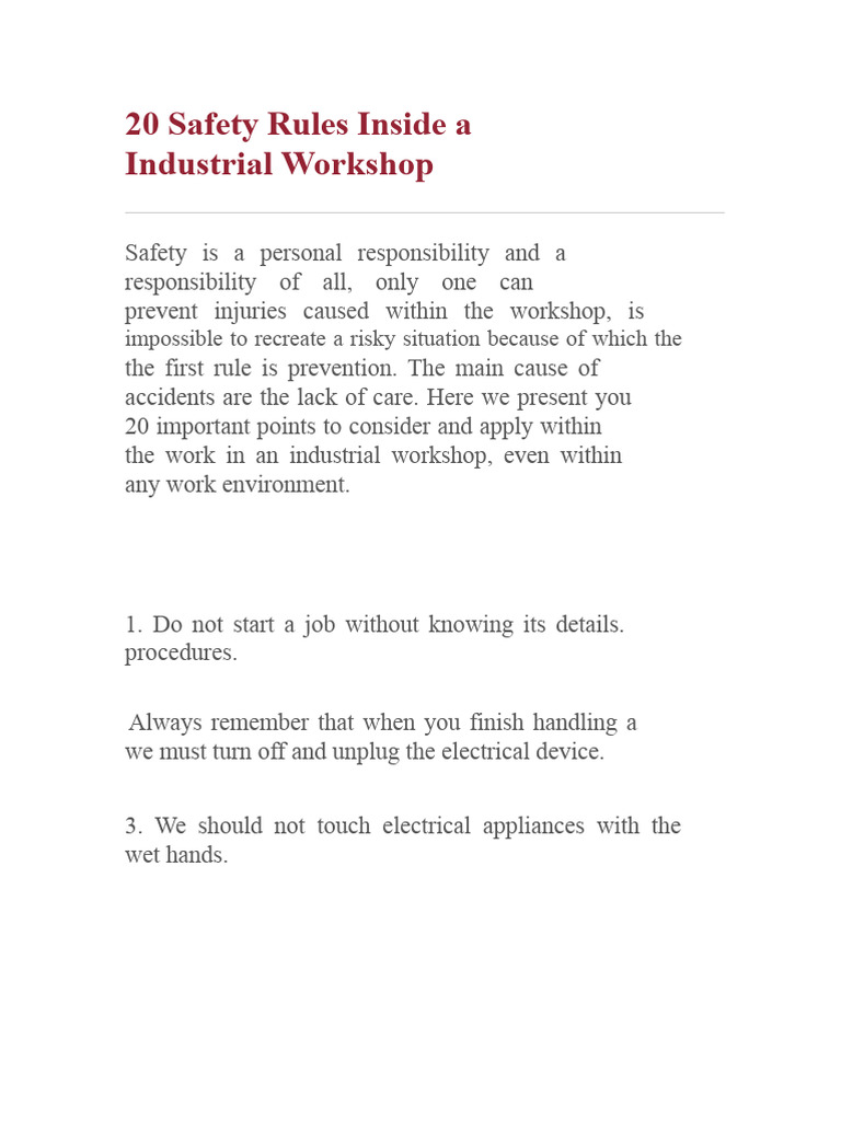 20 Essential Industrial Workshop Safety Rules | PDF | Electrical ...