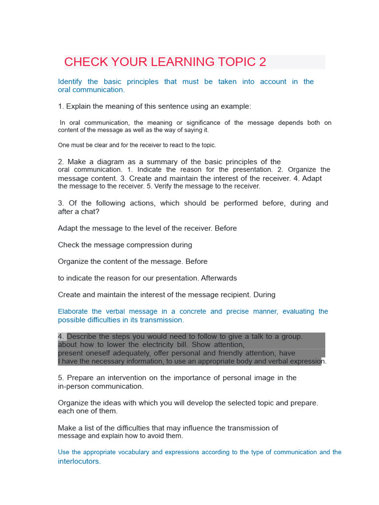 Check Your Learning Topic 2 3 1 | PDF | Communication | Nonverbal ...