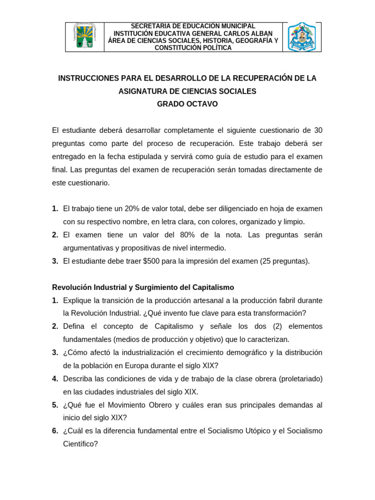 Taller e Instrucciones de Recuperación en Ciencias Sociales Octavo ...