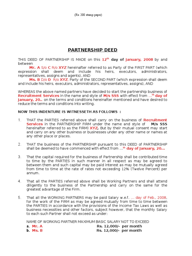 Sample Partnership Deed | PDF | Partnership | Business Law