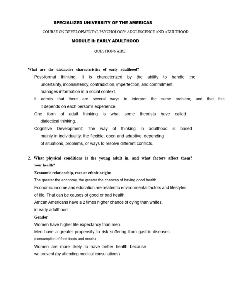 Questionnaire On Early Adulthood | PDF | Developmental Psychology | Thought
