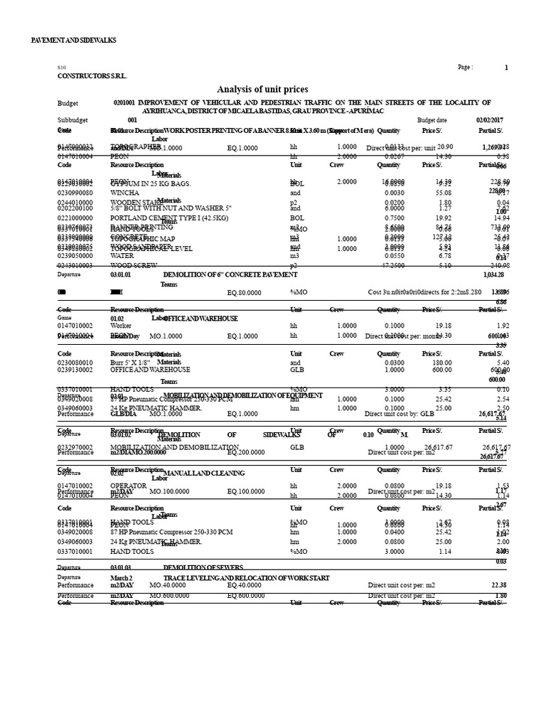 Analysis of Unit Costs in Pavement | PDF | Sidewalk | Concrete