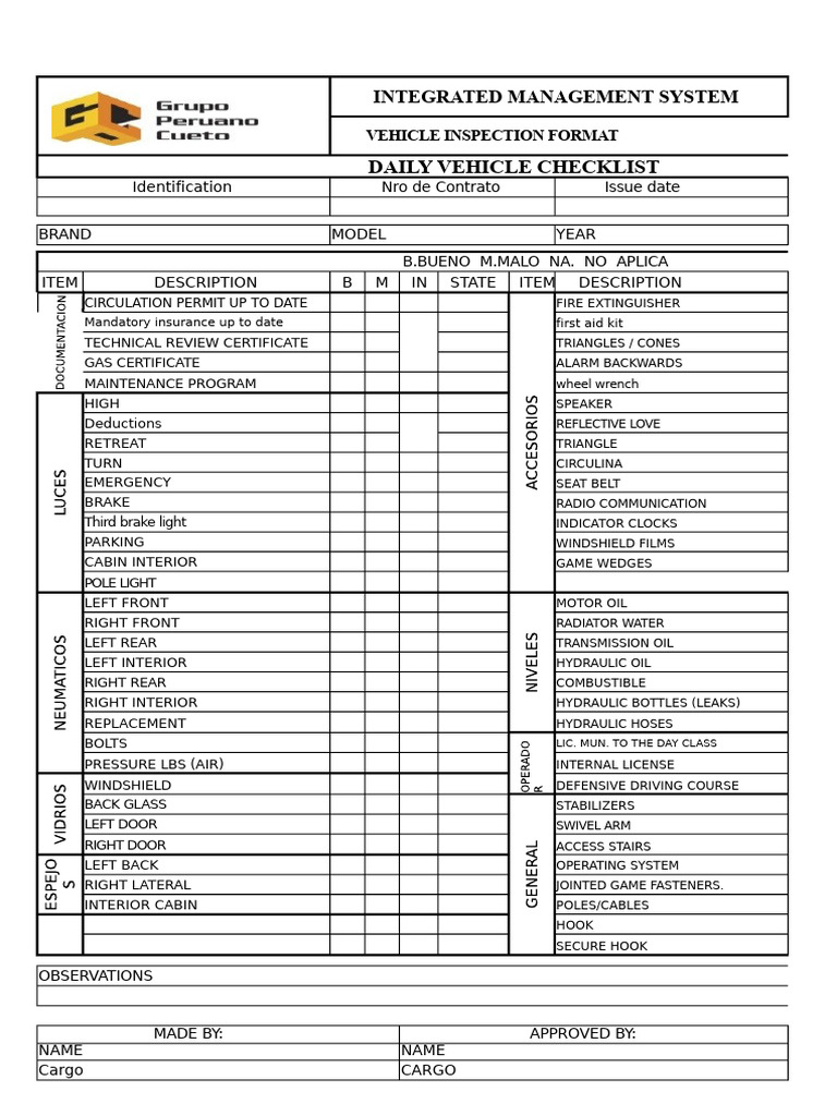 Daily Vehicle Inspection Checklist | PDF | Vehicles | Wheeled Vehicles