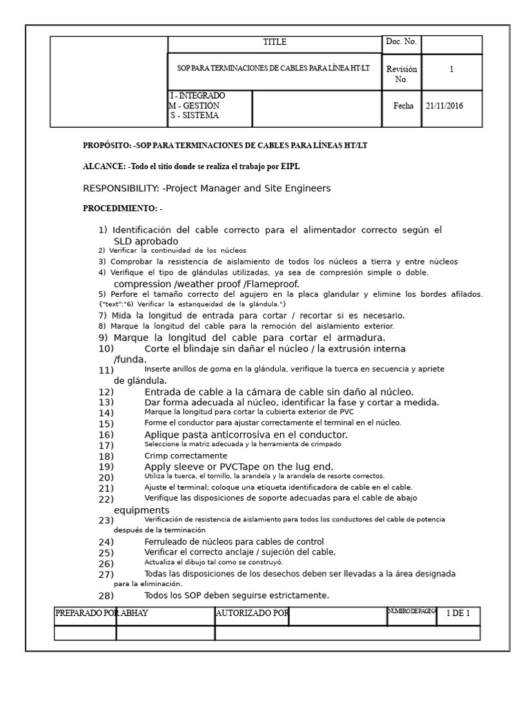 12-SOP para Terminaciones de Cables | PDF