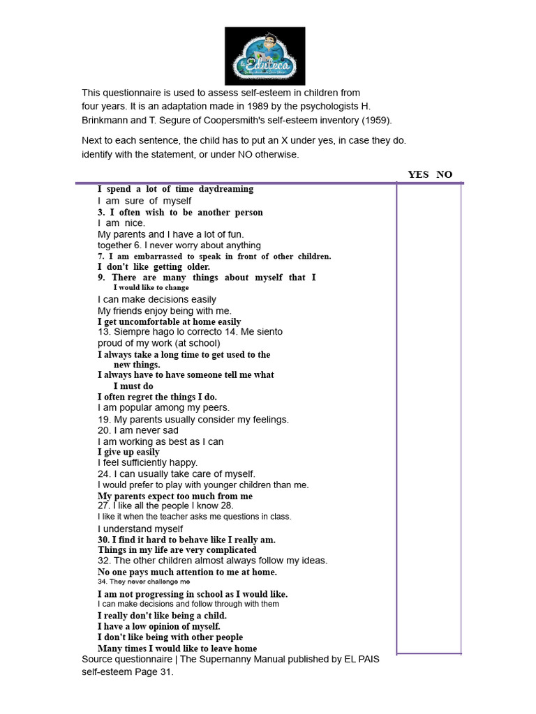 Self-Esteem Questionnaire For Children | PDF | Self Esteem | Questionnaire