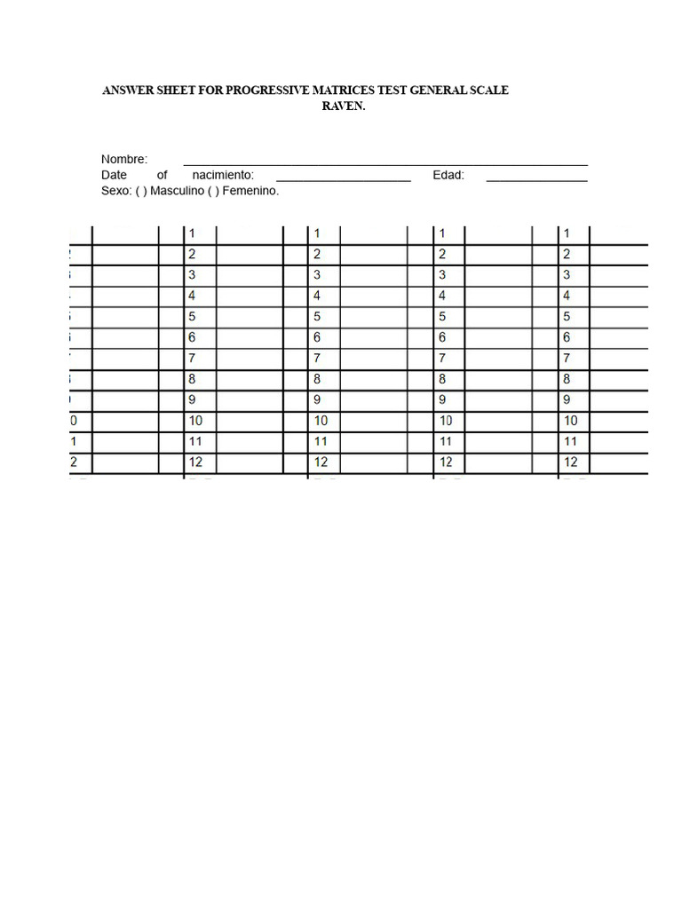 Answer Sheet For The Progressive Matrices General Scale Test by Raven | PDF