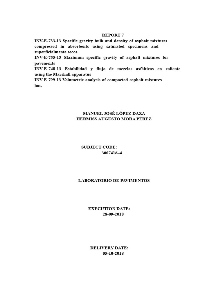 Marshall Report - Pavement Laboratory | PDF | Density | Concrete