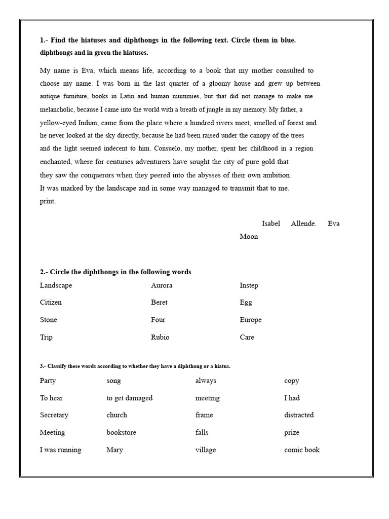 Diphthong and Hiatus Exercises | PDF | Linguistics