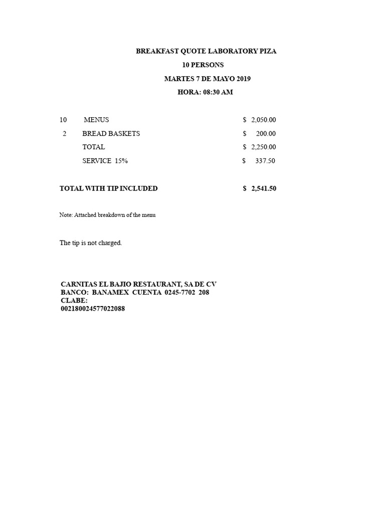 Breakfast Menu for 10 at Carnitas El Bajio | PDF