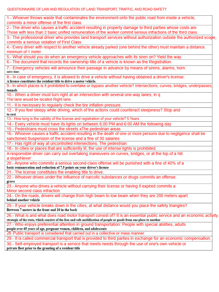 Questionnaire On The Law and Regulation of Land Transportation, Traffic ...