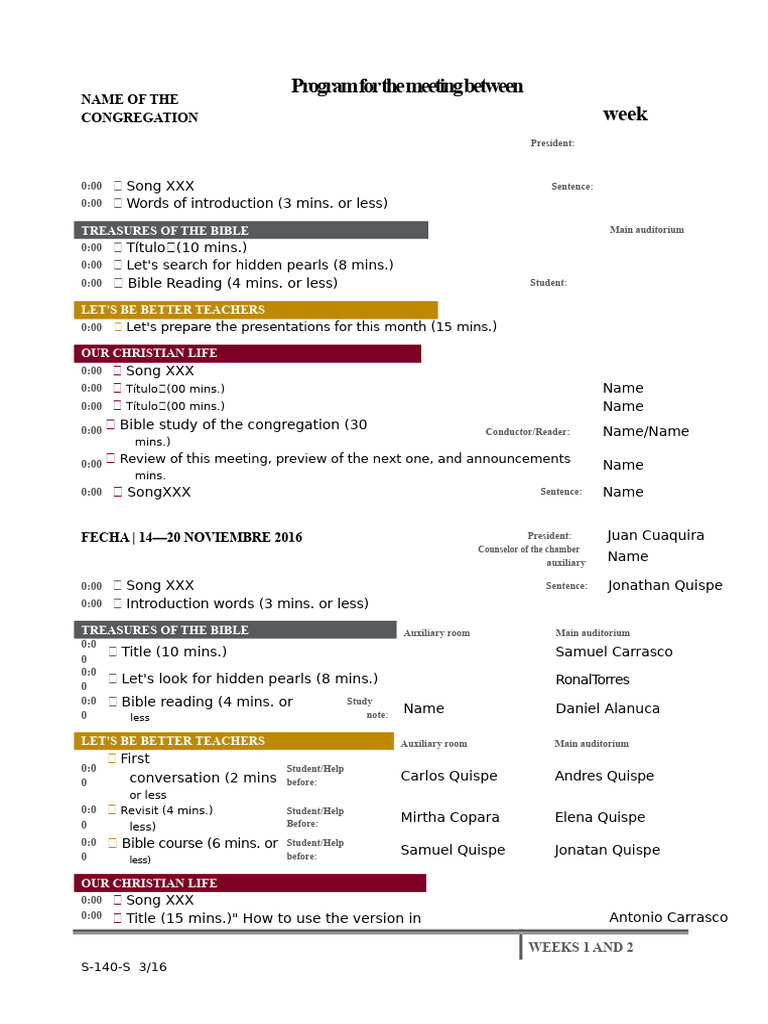 Program For The Meeting Between Week: Name of The Congregation | PDF ...