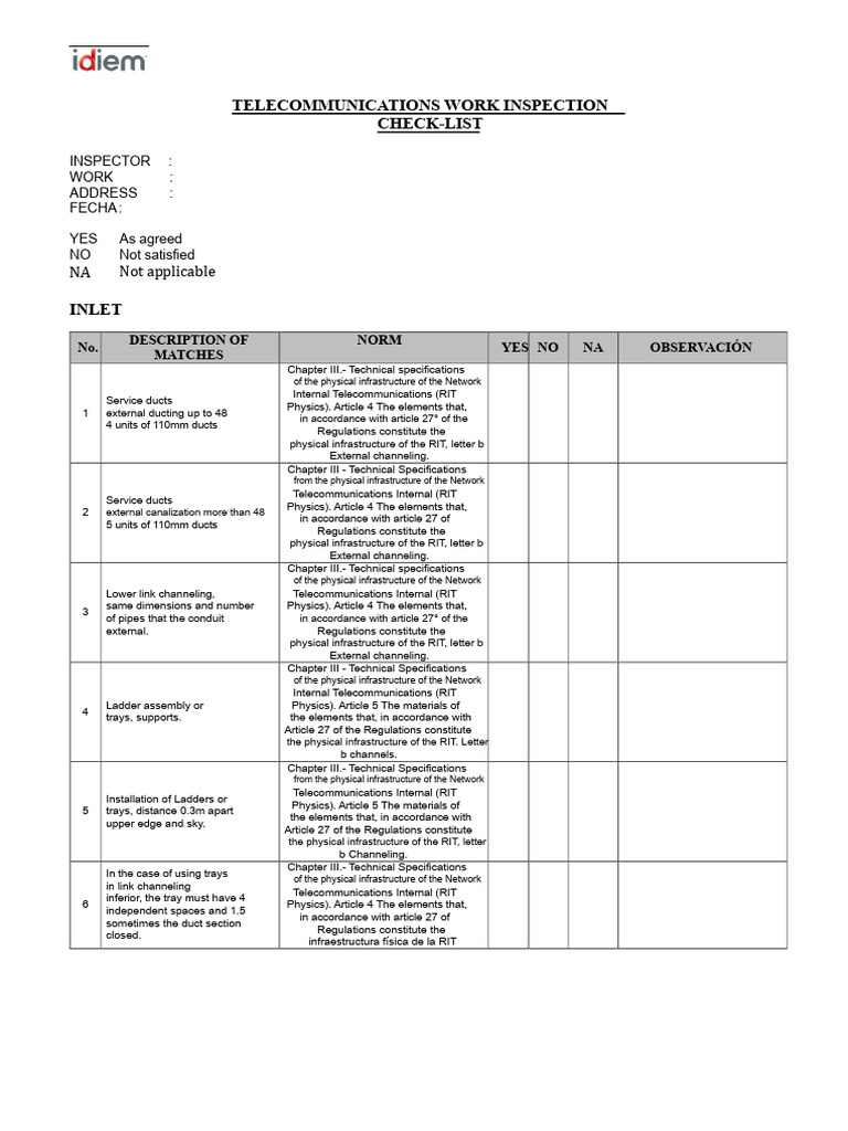 Telecommunications Inspection Checklist V3 | PDF | Specification (Technical Standard ...