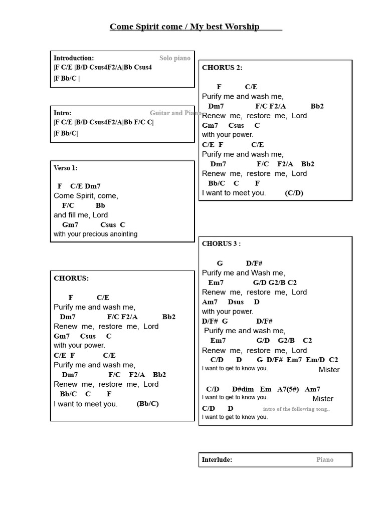 Come Spirit, Come - My Best Worship (M.B & JCA) CHORDS | PDF