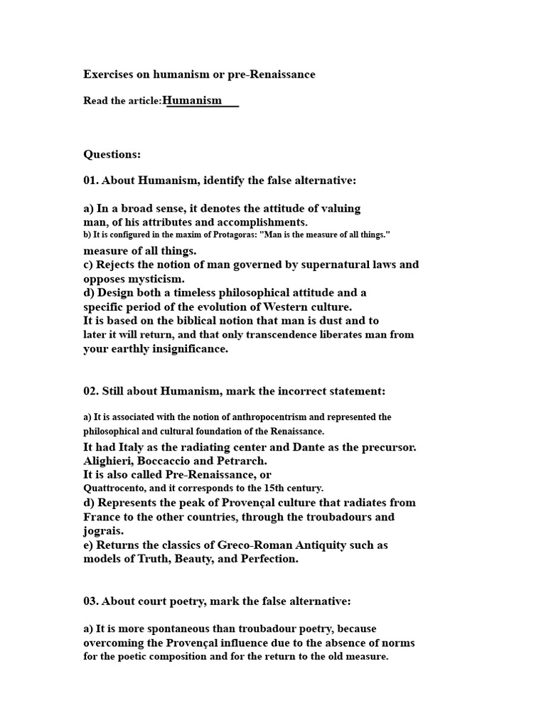 Exercises On Humanism With Answer Key | PDF | Humanism | Poetry