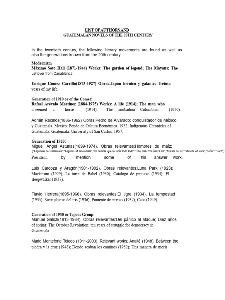 List of Authors and Guatemalan Novels of The 20TH Century | PDF | North ...