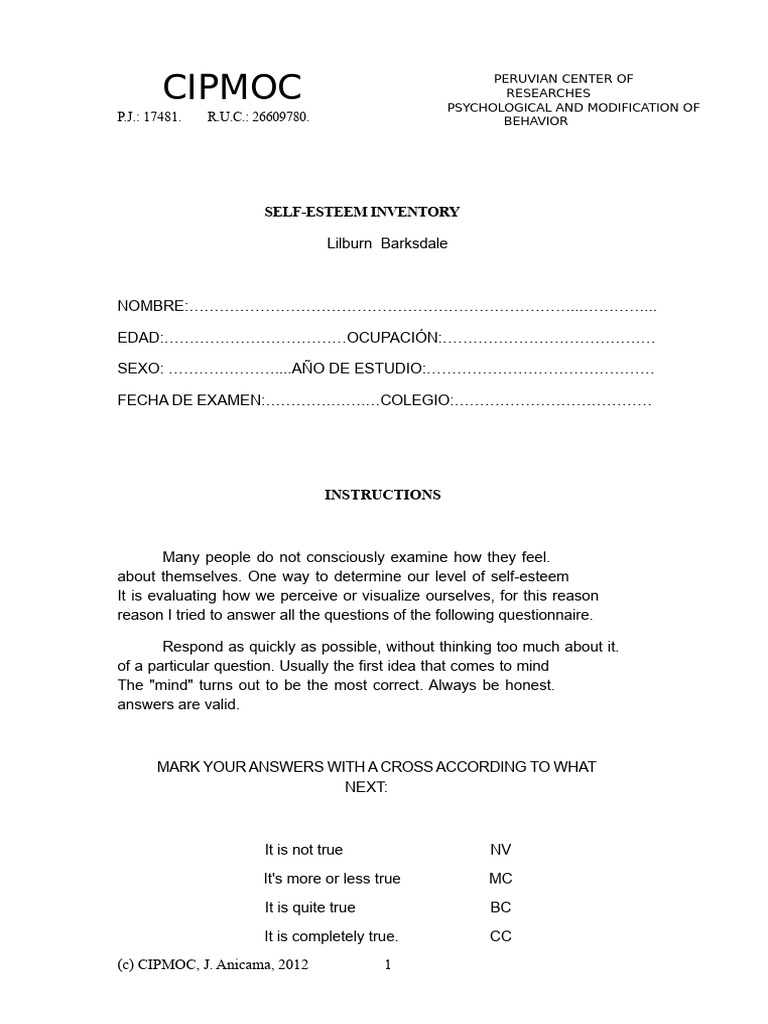 Self-Esteem Inventory Questionnaire | PDF | Self Esteem | Shame
