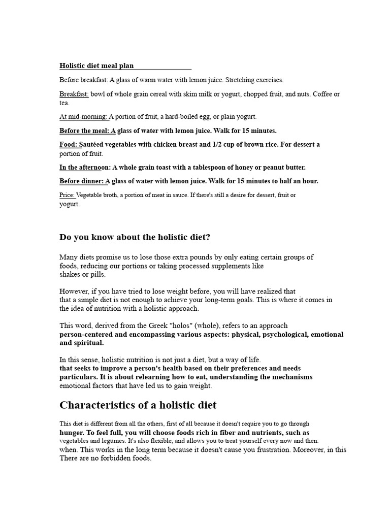 Holistic Diet Meal Plan (Ex.) | PDF | Obesity | Diet (Nutrition)