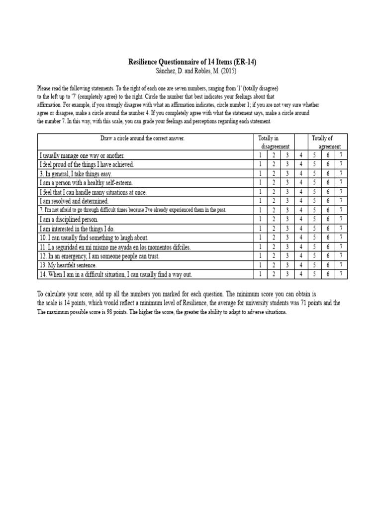 ER-14 Resilience Questionnaire Guide | PDF | Questionnaire ...