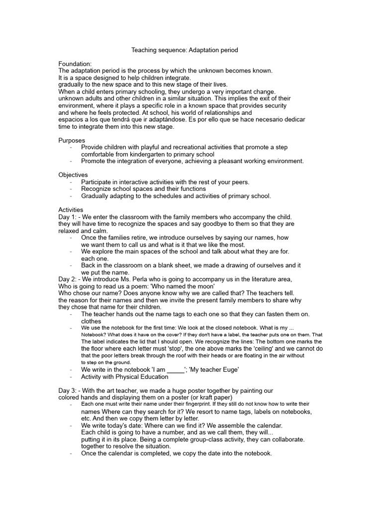 1 - Teaching Sequence Adaptation Period | PDF