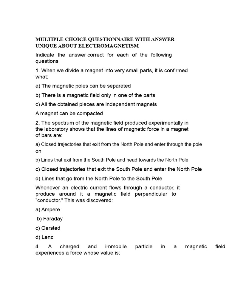 Electromagnetism Quiz with Answers | PDF | Magnetic Field | Force