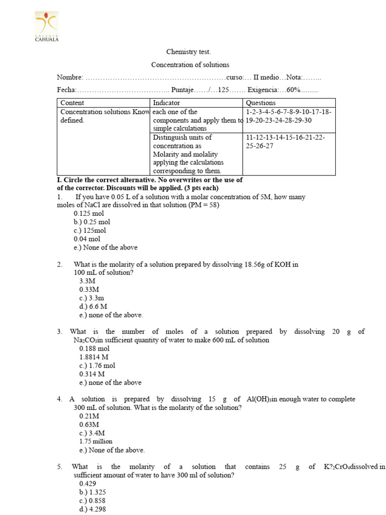 Test Concentration of Solutions Molarity and Molality | PDF | Molar ...