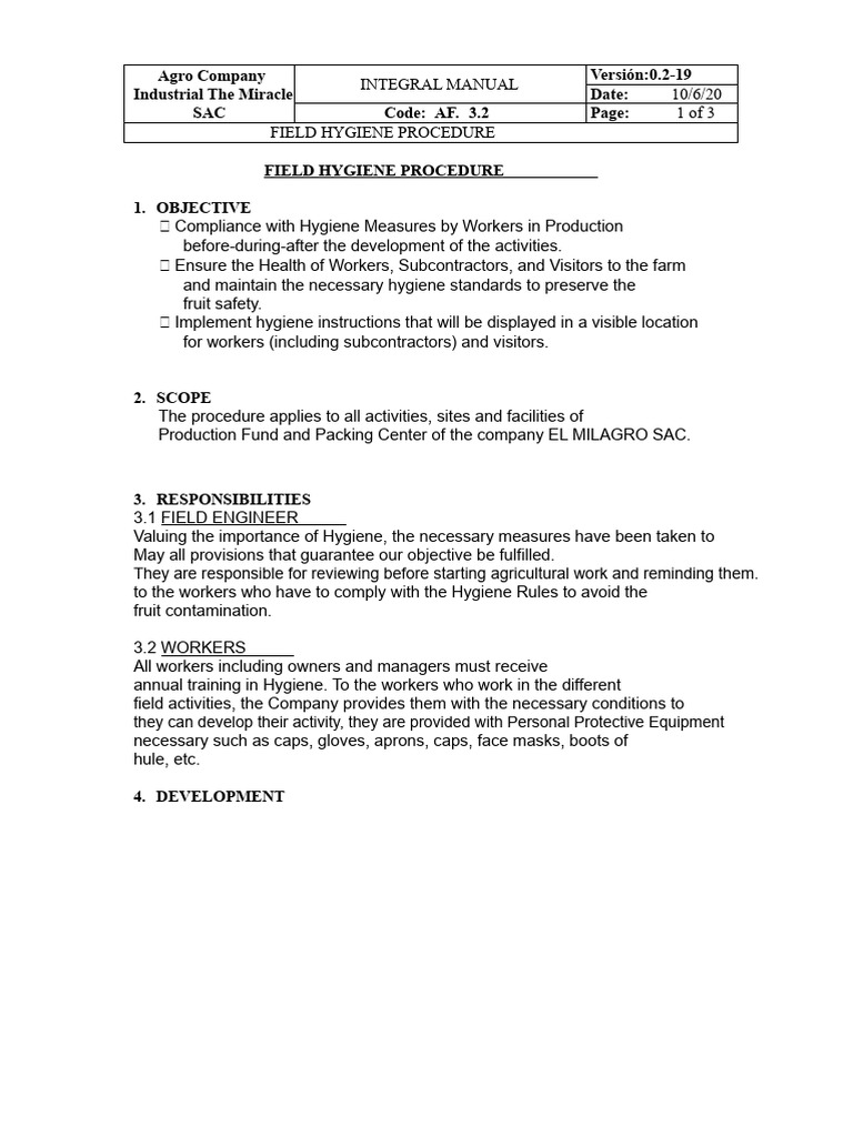 Field Hygiene Procedure Manual | PDF | Hygiene | Dermatitis