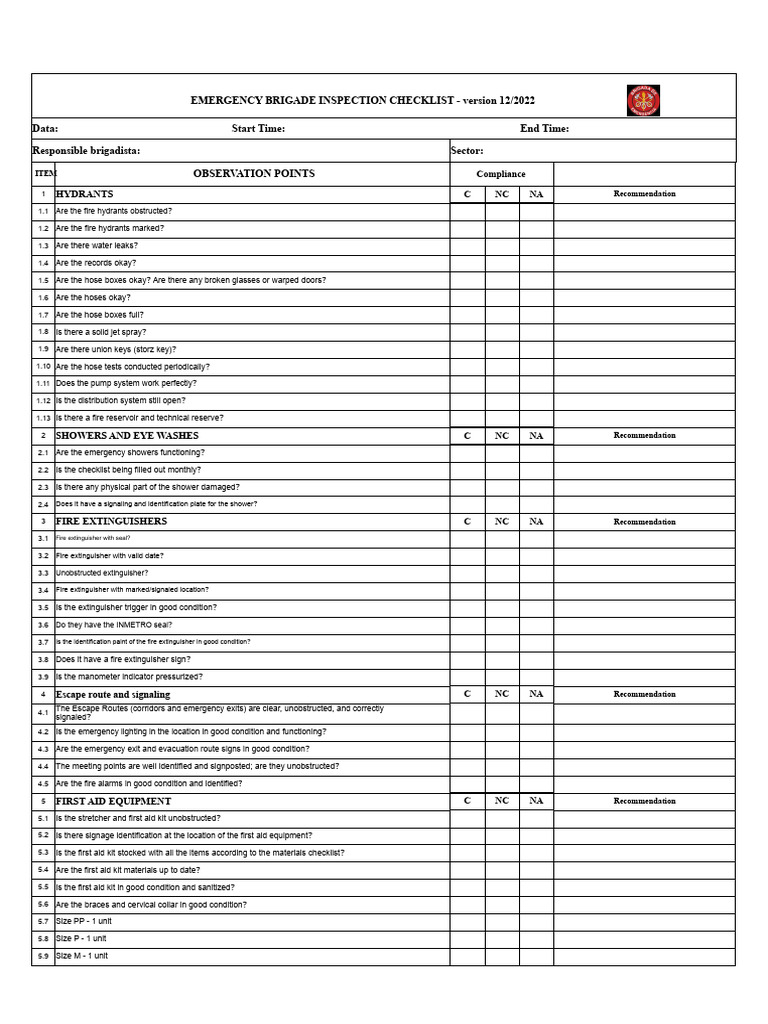 Emergency Brigade Inspection Checklist | PDF | First Aid | Safety