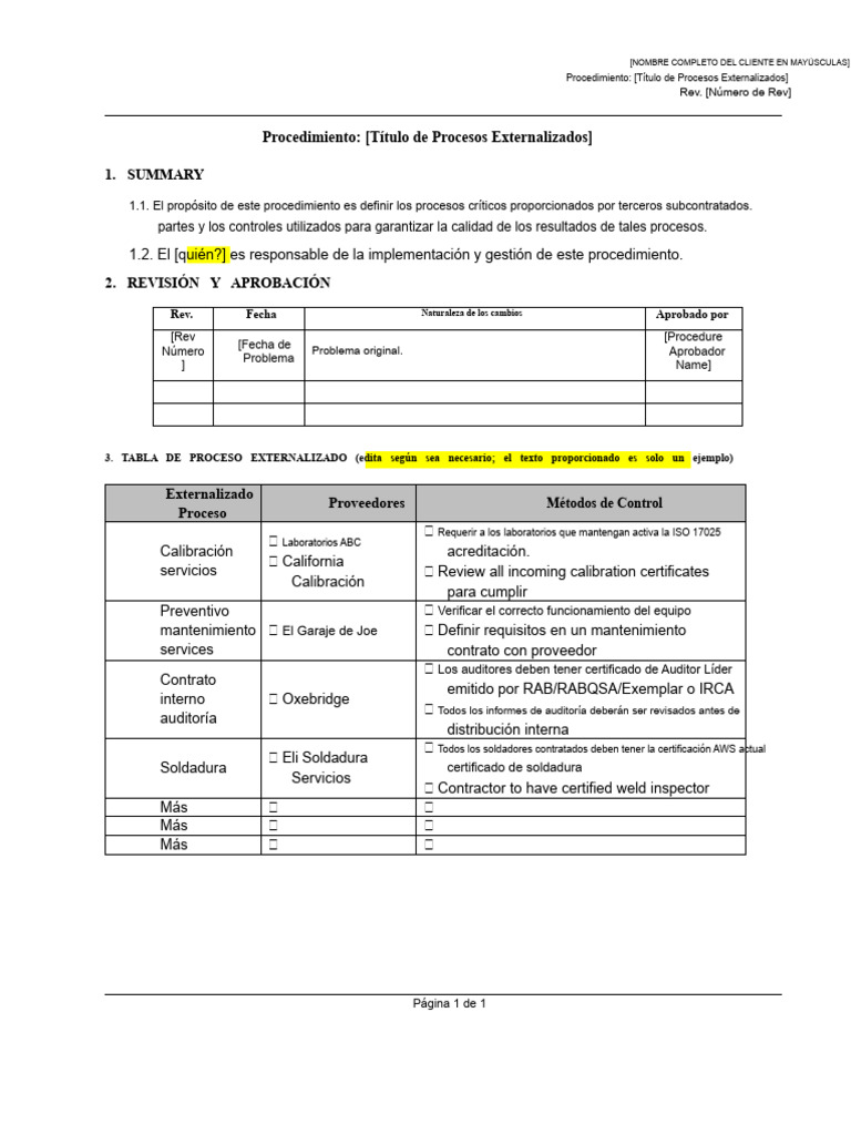 Procedimiento de Control de Procesos Externalizados | PDF | Outsourcing ...