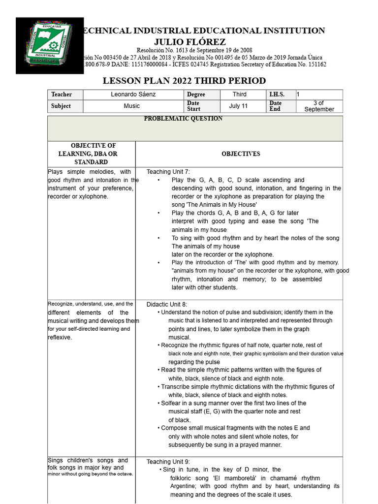 03 Lesson Plan MUSIC Third III Period | PDF | Rhythm | Recorder ...