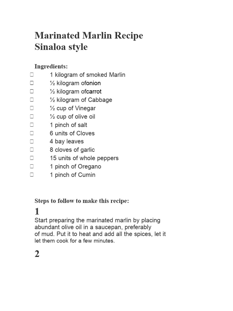 Pickled Marlin Recipe in Sinaloa Style and Other Interesting Things | PDF