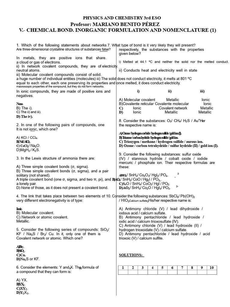 F and Q 3rd ESO (5) - TEST Chemical Bonding. Formulation and Inorganic ...
