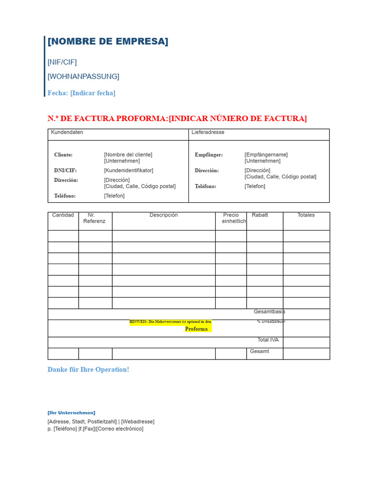 Proforma-Rechnungsvorlage Word | PDF