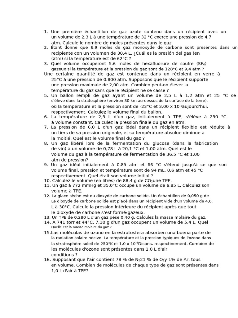 Calculs de gaz idéaux et réactions chimiques | PDF | Gaz | Molécules