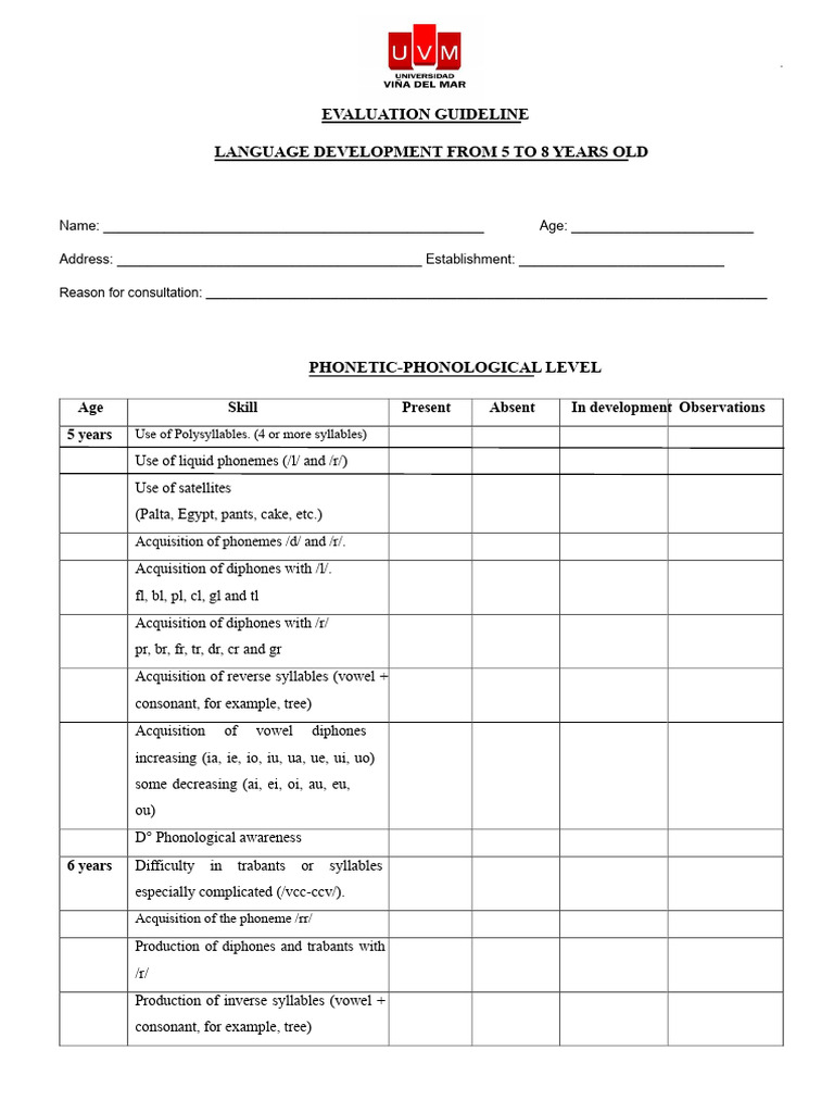 Language Development From 5 To 8 Years Evaluation | PDF | Verb | Syllable