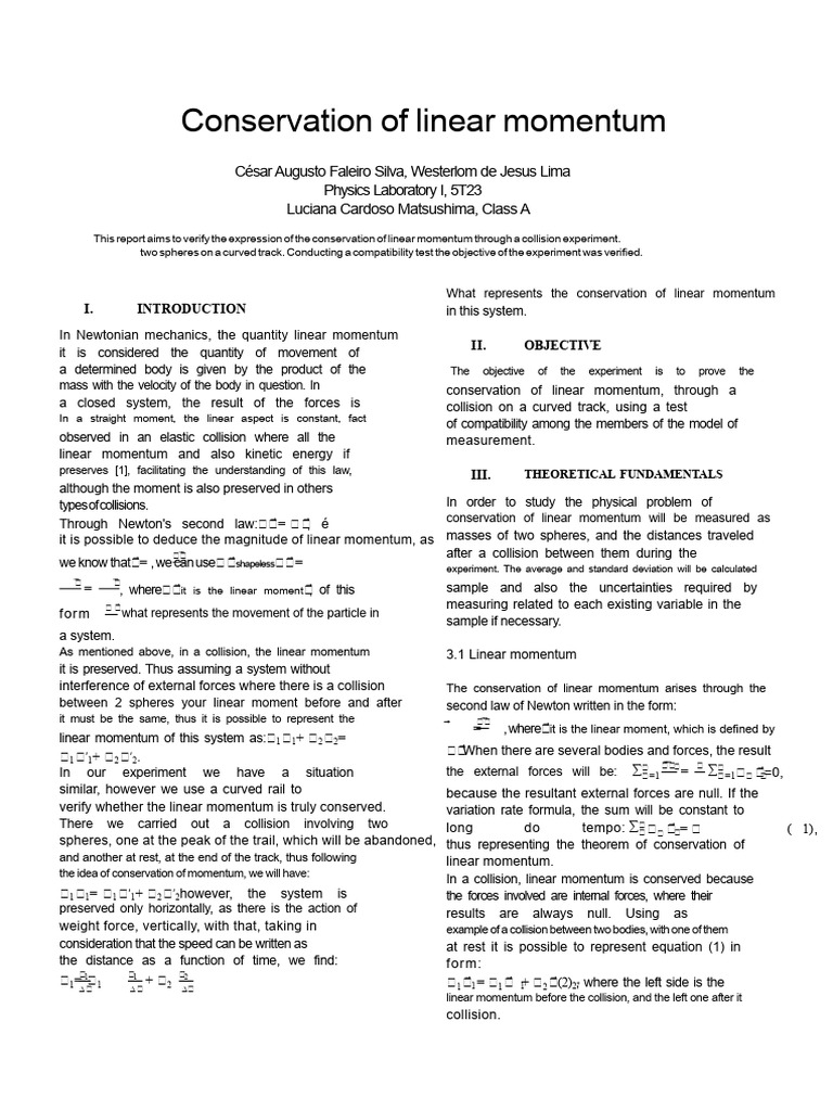 Conservation of Linear Momentum Experiment | PDF | Momentum | Force
