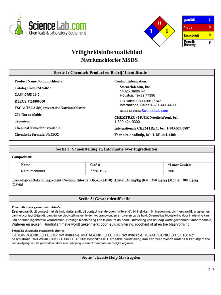 MSDS Natriumhypochloriet (Bayclin) | PDF