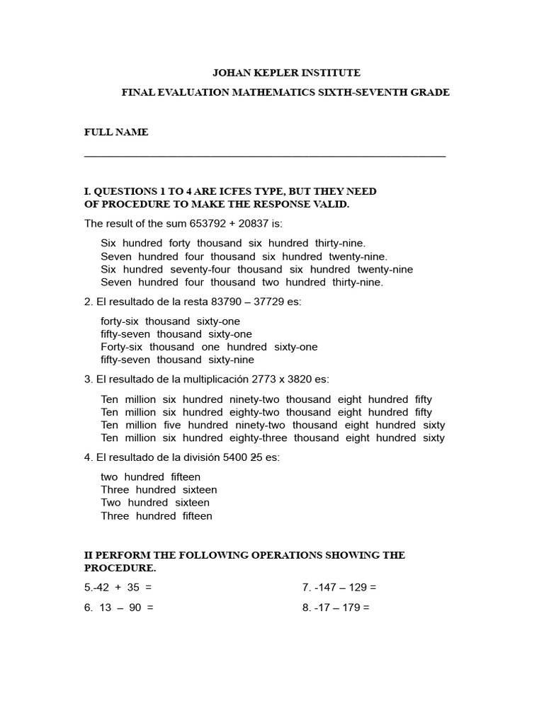 Final Evaluation Sixth Grade | PDF | Discrete Mathematics | Number Theory
