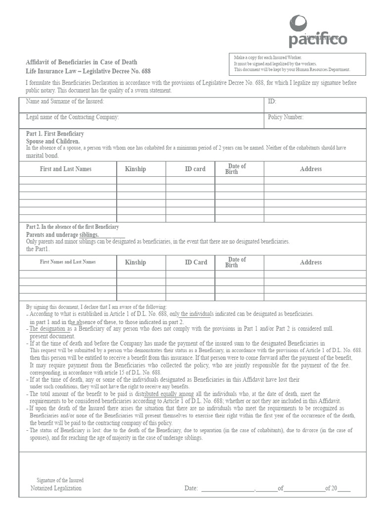 Life Insurance Beneficiary Declaration Form | PDF | Insurance | Social ...