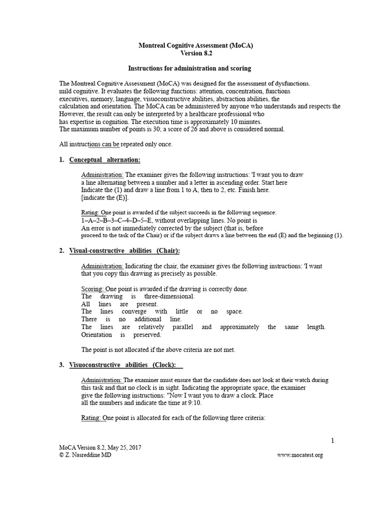 MoCA Version 8.2 - Administration | PDF | Cognition | Subject (Grammar)