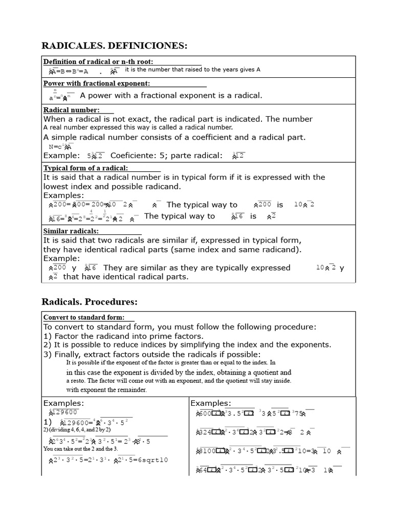 Summary of Radicals. Definitions and Procedures | PDF | Algebra ...