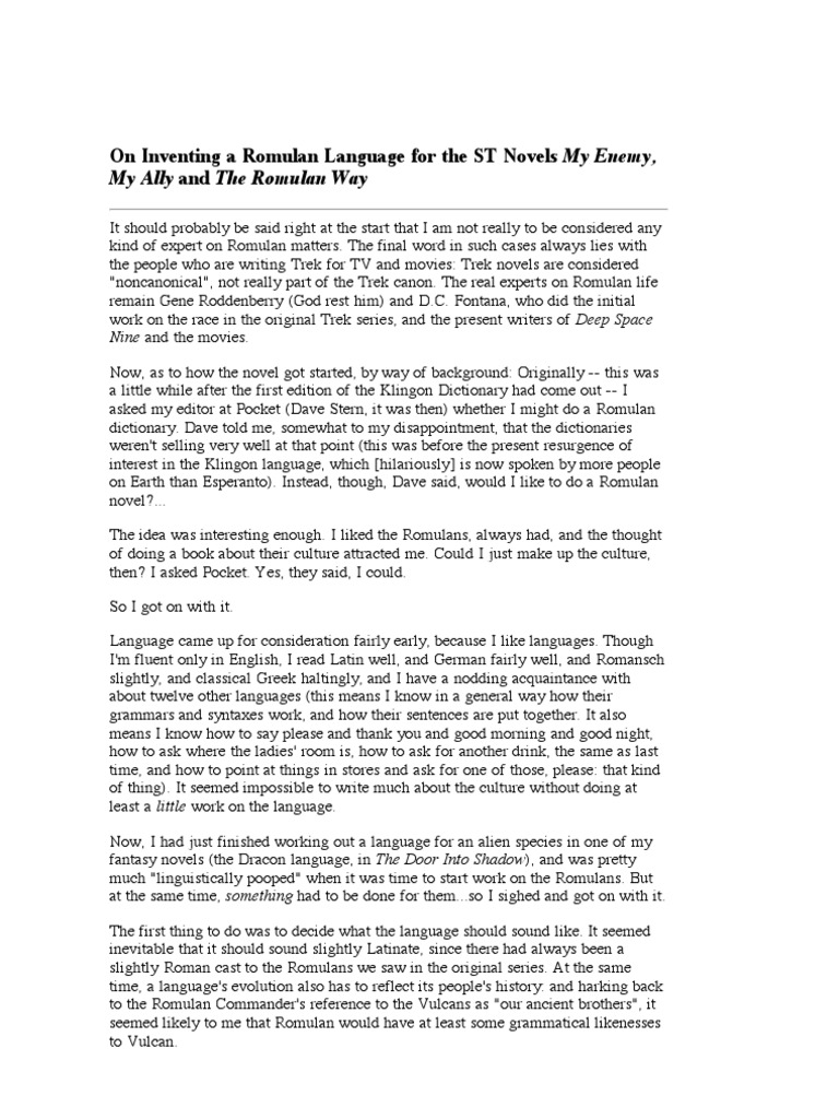 On Inventing A Romulan Language For The ST Novels My Enemy, My Ally and ...