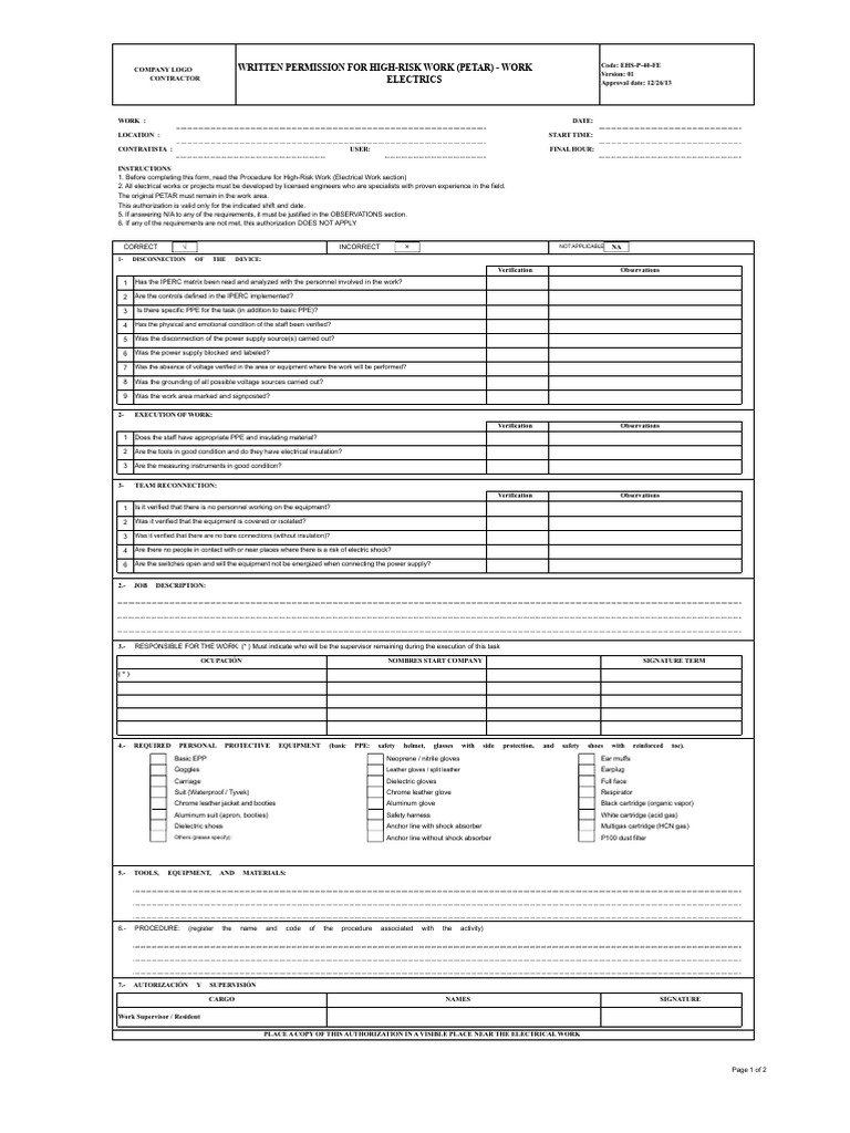 Written Permission For High-Risk Work. PETAR - Electrical Work | PDF ...