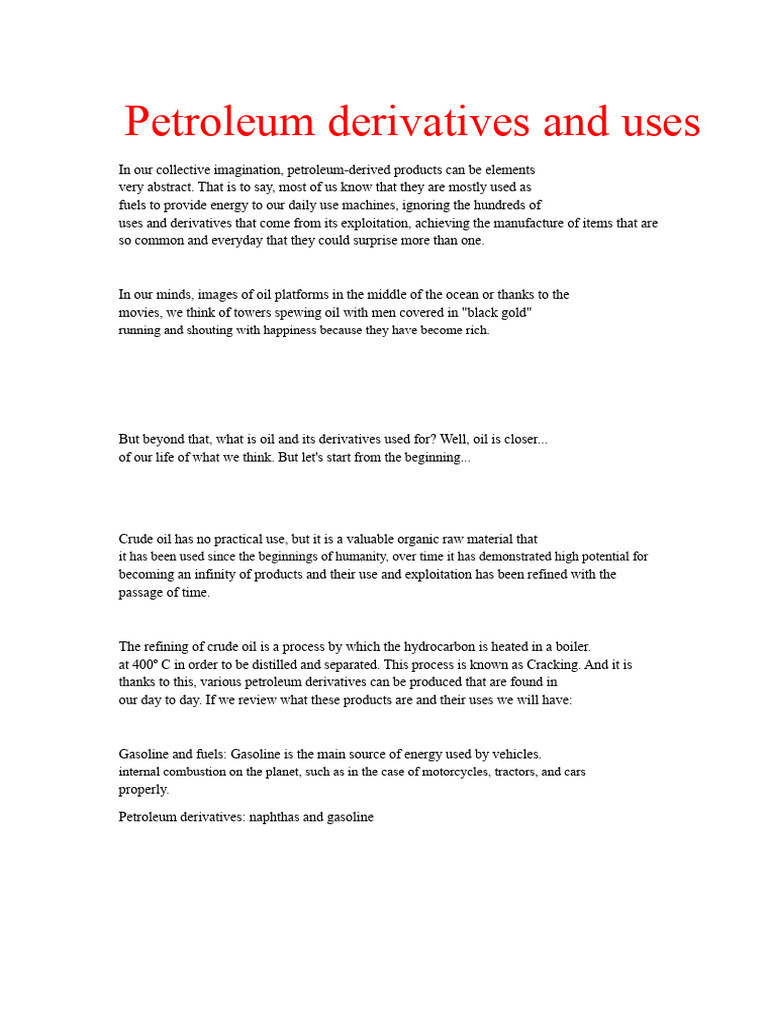 Petroleum Derivatives and Uses | PDF | Petroleum | Oil