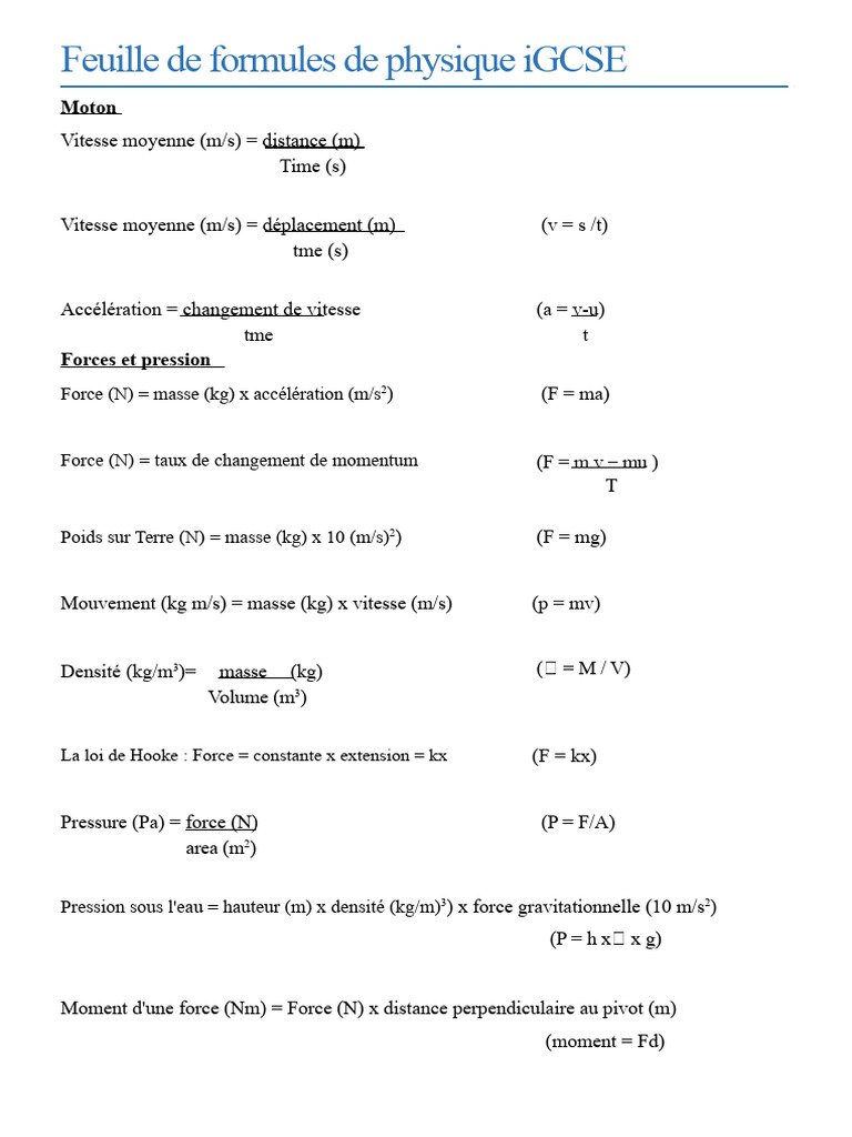 Formules de physique iGCSE essentielles | PDF | Masse | Vitesse