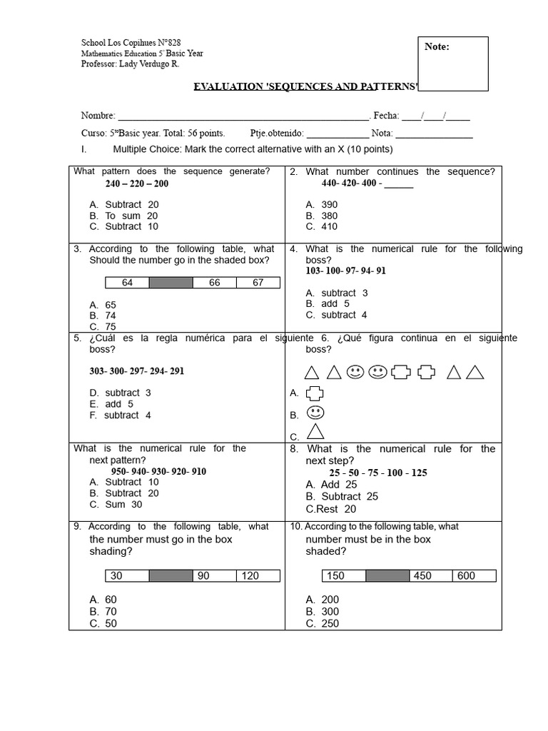 Sequence and Patterns Test 5 Basic | PDF | Multiple Choice | Mathematics