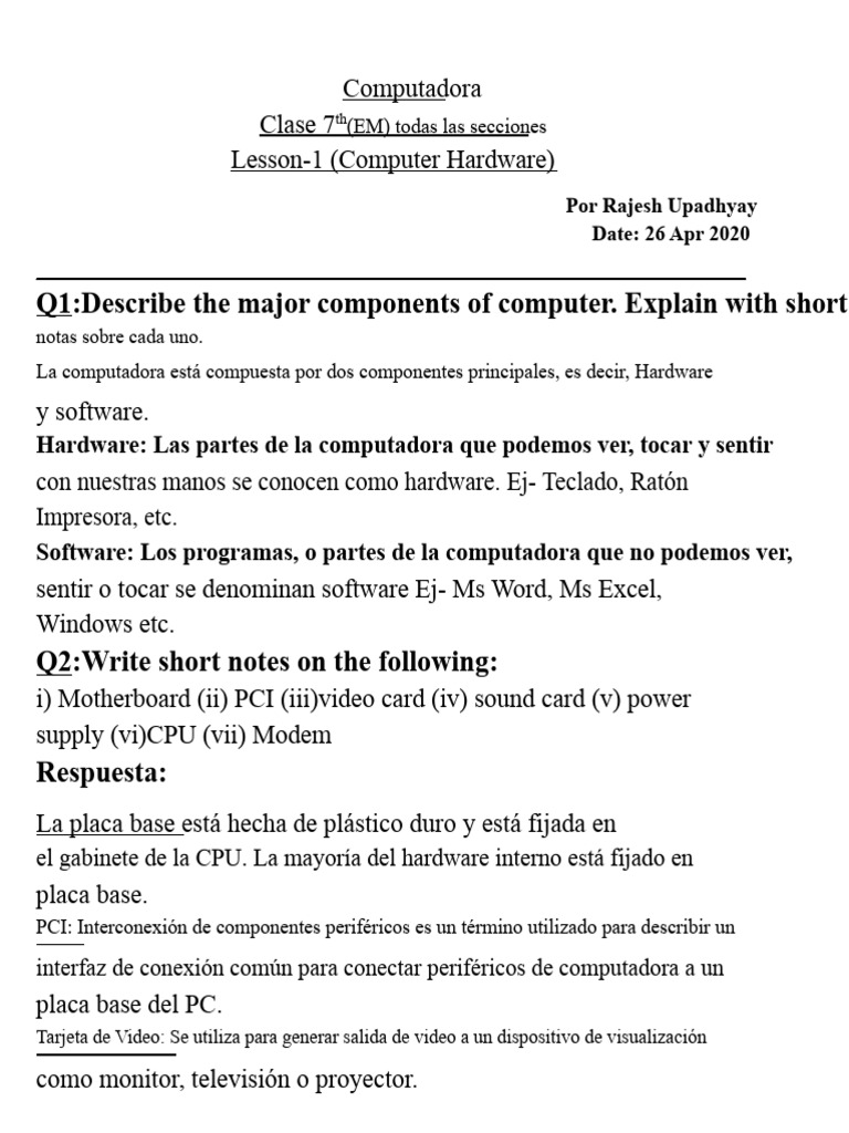 Clase 7 (E.M) Preguntas y Respuestas Lección-1 | PDF | Hardware de la ...
