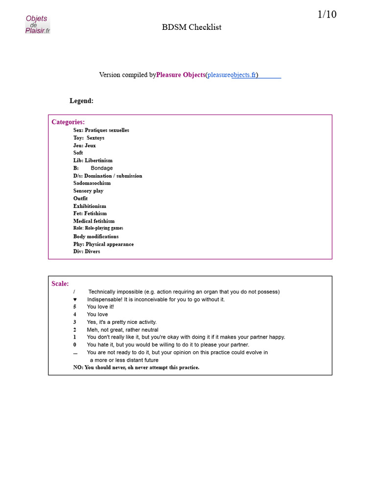 BDSM Checklist - Pleasure Objects | PDF | Dominance And Submission | Bondage (Bdsm)