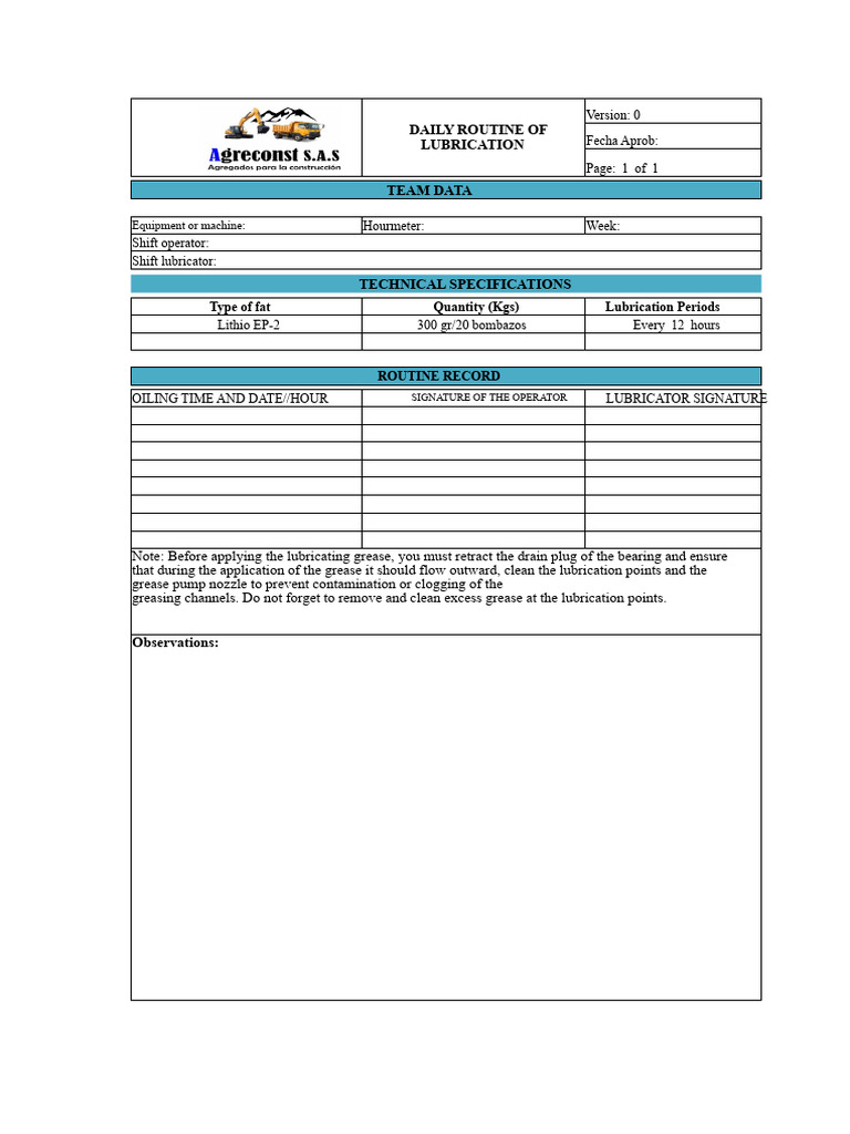 Lubrication Routine Template | PDF